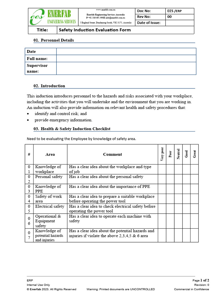Safety Induction Evaluation Form | PDF | Safety | Occupational Safety ...