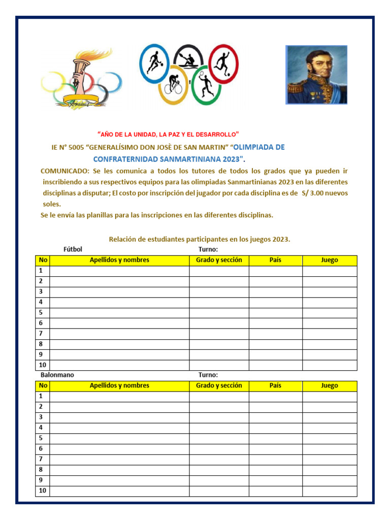 COMUNICADO Olimpiadas 2023 Planillas de Inscripción | PDF