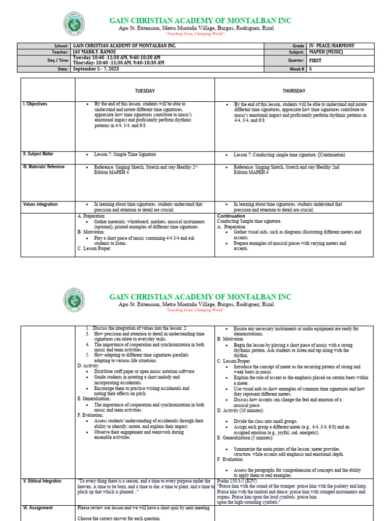 LP - Wk5 (Septmber 5 - Sep 7 - Mapeh 4 - Teacher JM - SY2023-2024 - Checked | PDF | Musical ...
