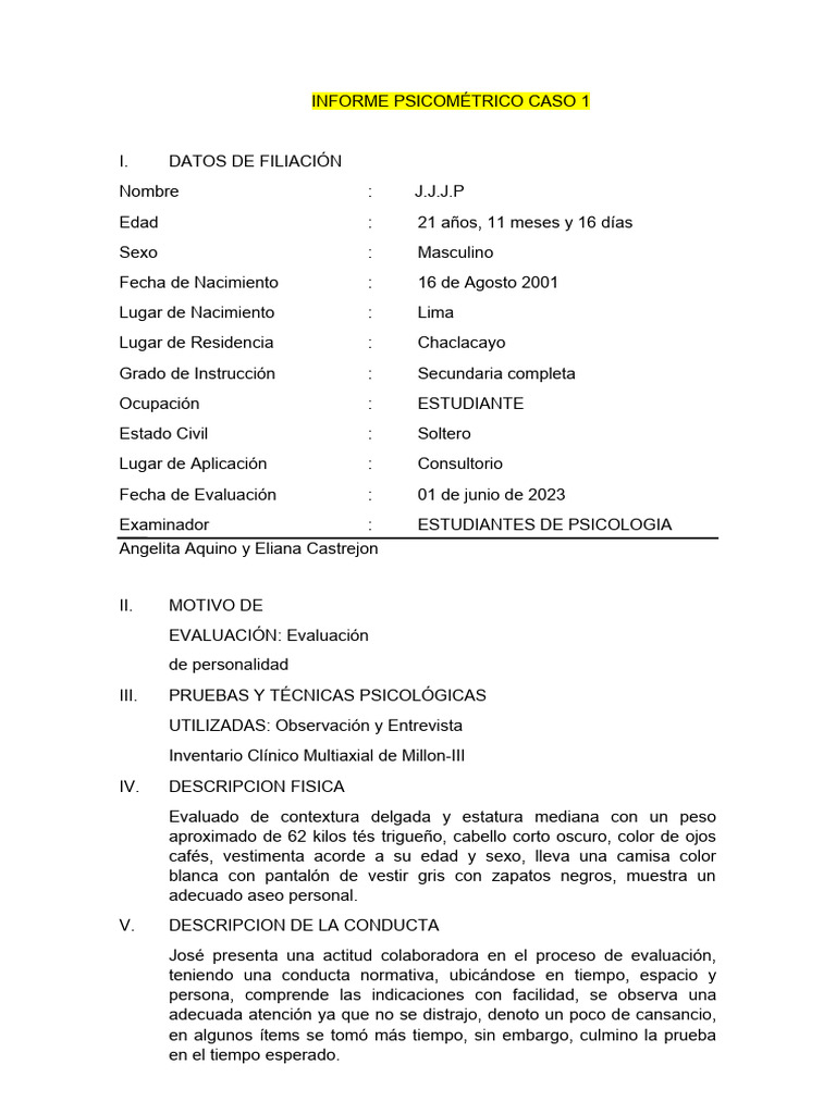 Modelo de Informe de Millon | PDF | Ansiedad | Psicología anormal