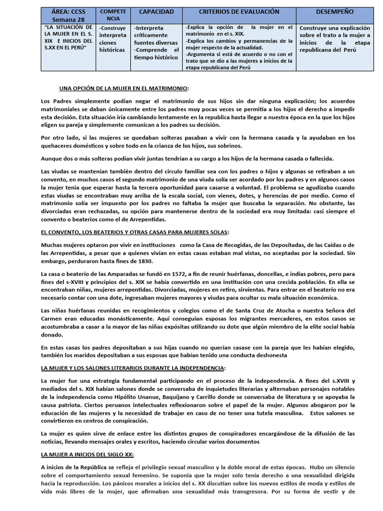 La Situacion de La Mujer en El Sxix y Comienzos Del S.XX en El Peru ...