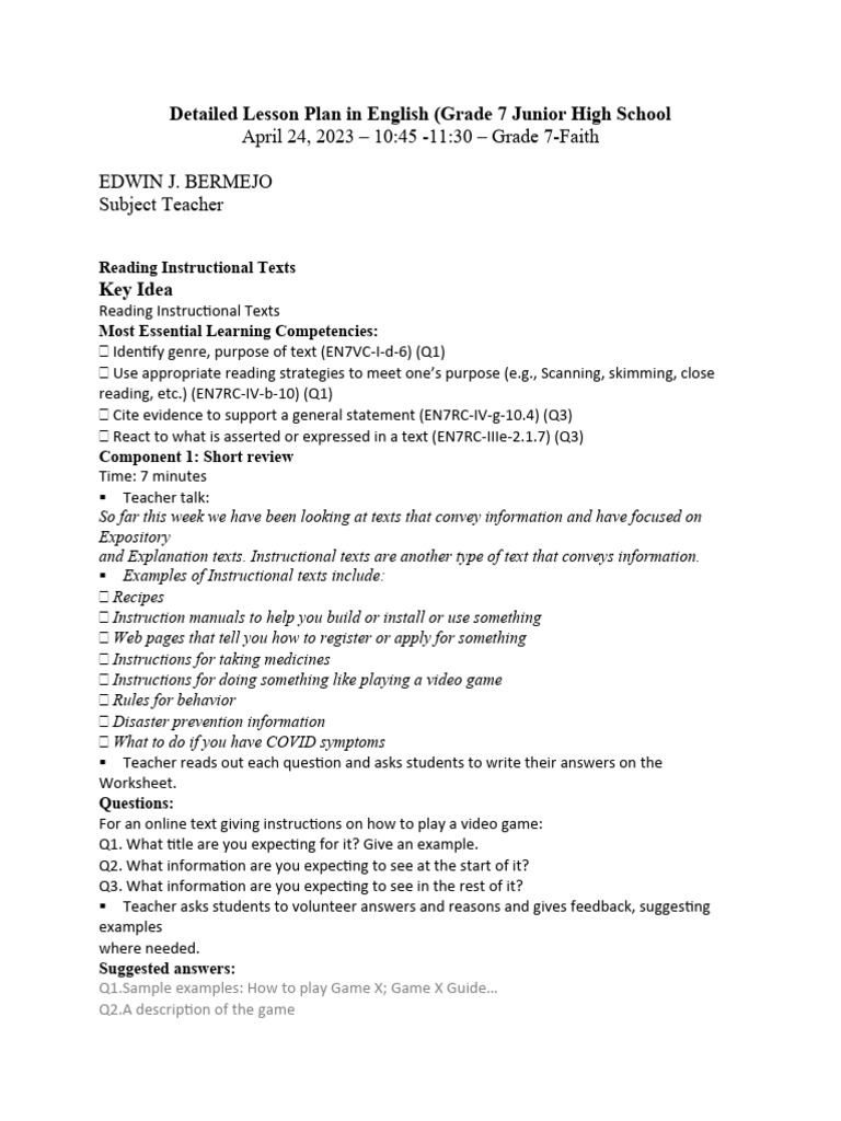 English Grade 7 Lesson Plan 9 | PDF | Rain | Water