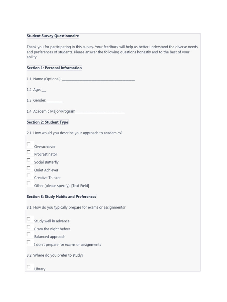 Student Survey Questionnaire | PDF