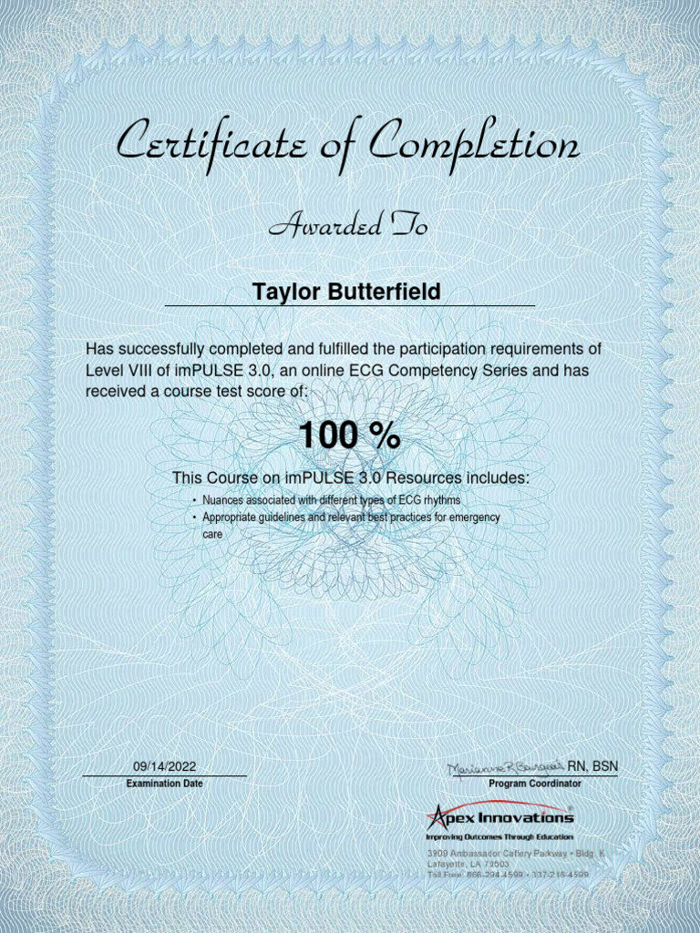 ECG Competency Certificate - Taylor Butterfield | PDF