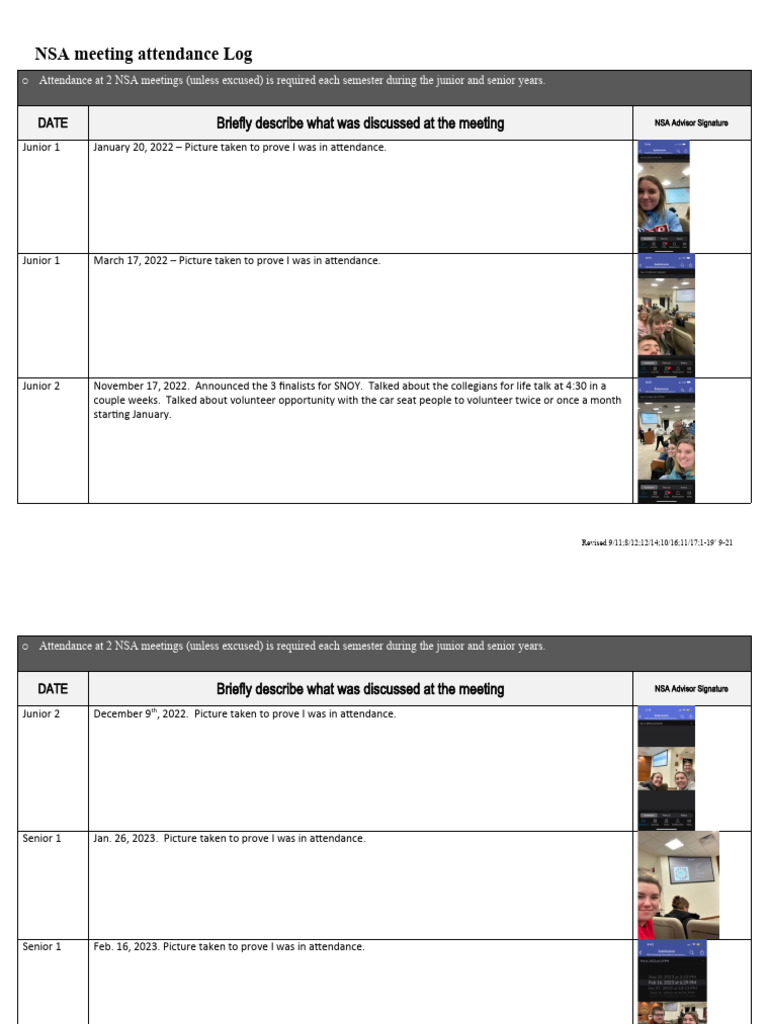 Nsa Attendance Log | PDF