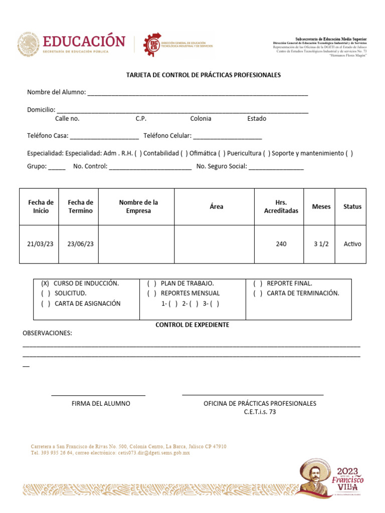 Tarjeta de Control Practicas Profesionales | PDF