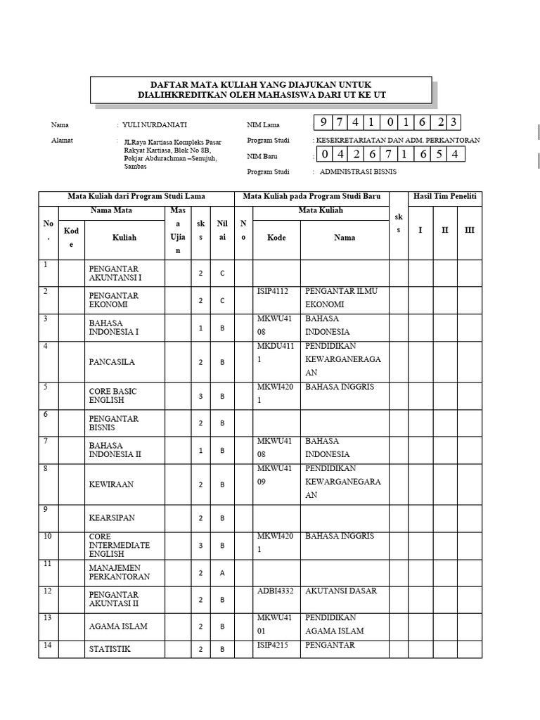 Form Daftar MK Yang Diajukan | PDF