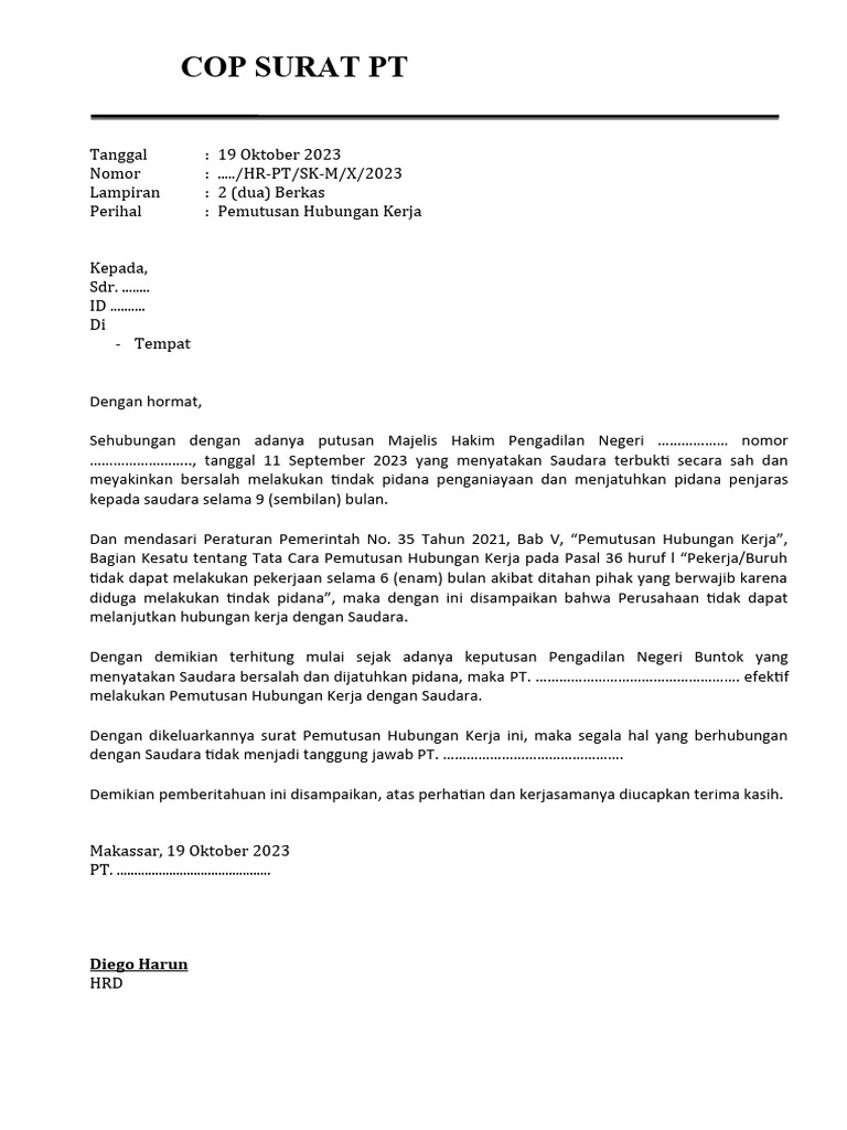 Contoh Surat PHK | PDF