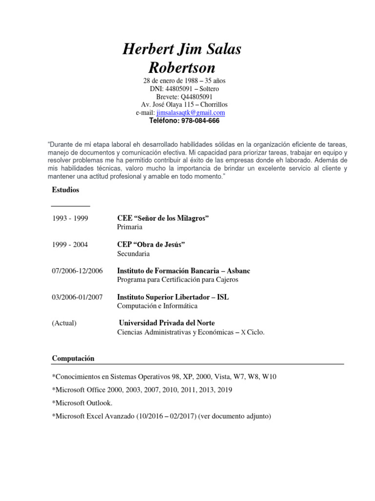 Currículum de Herbert Jim Salas | PDF | Negocios | Finanzas y dinero