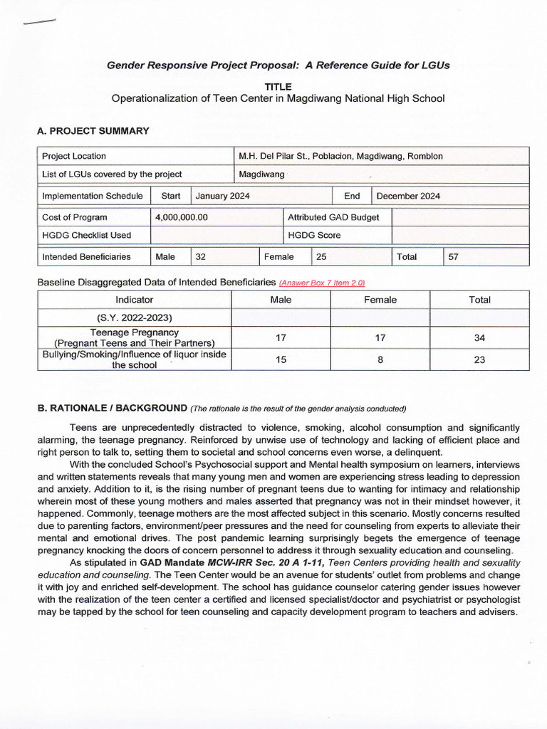 GAD Project Proposal - Operational of Teen Center in Magdiwang National High School | PDF