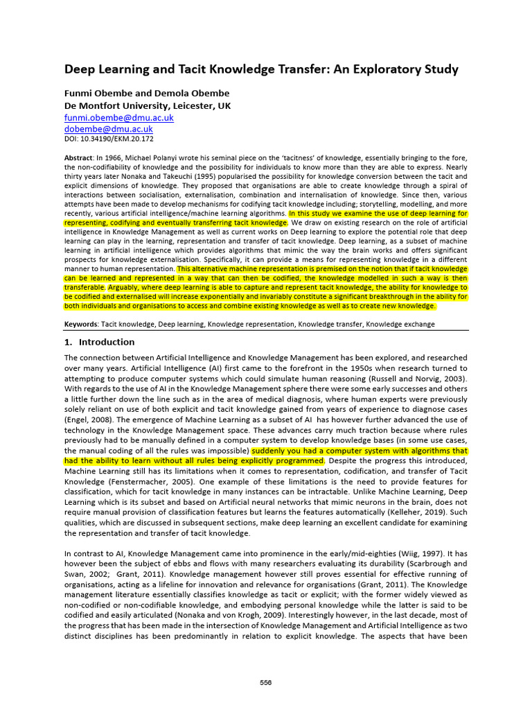 Deep Learning and Tacit Knowledge Transfer: An Exploratory Study | PDF