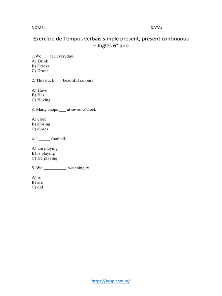 Exercício de Tempos Verbais Simple Present Present Continuous - Inglês 6° Ano | PDF