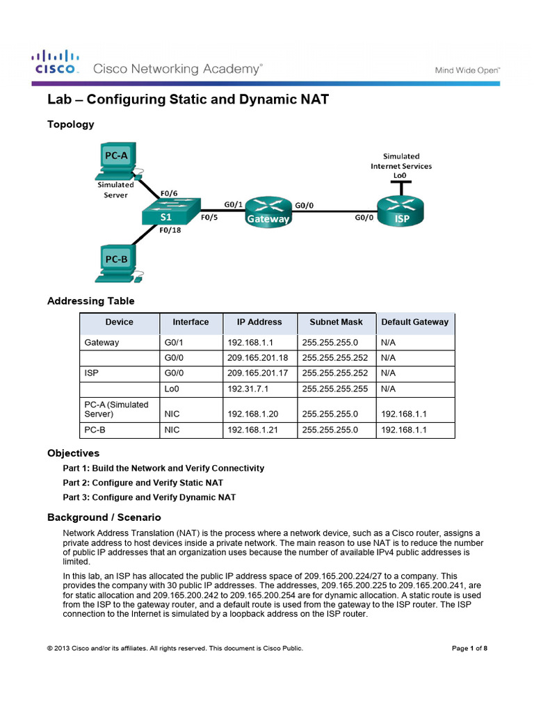 Lab6a1 - Configuring Dynamic and Static NAT | PDF | Ip Address | Router ...