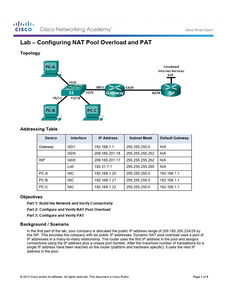 Lab6a2 - Configuring NAT Pool Overload and PAT | Download Free PDF | Ip Address | Router (Computing)