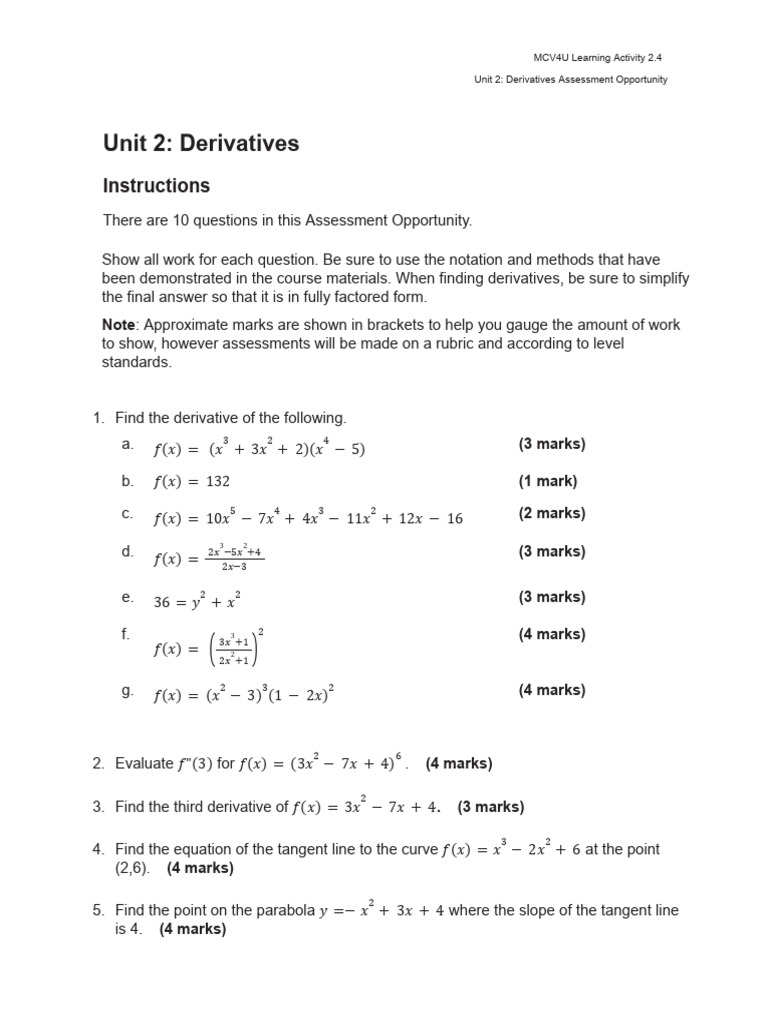 Unit 2 Assessment - Derivatives | PDF | Tangent | Velocity Unit 2 Assessment - Derivatives | PDF | Tangent | Velocity