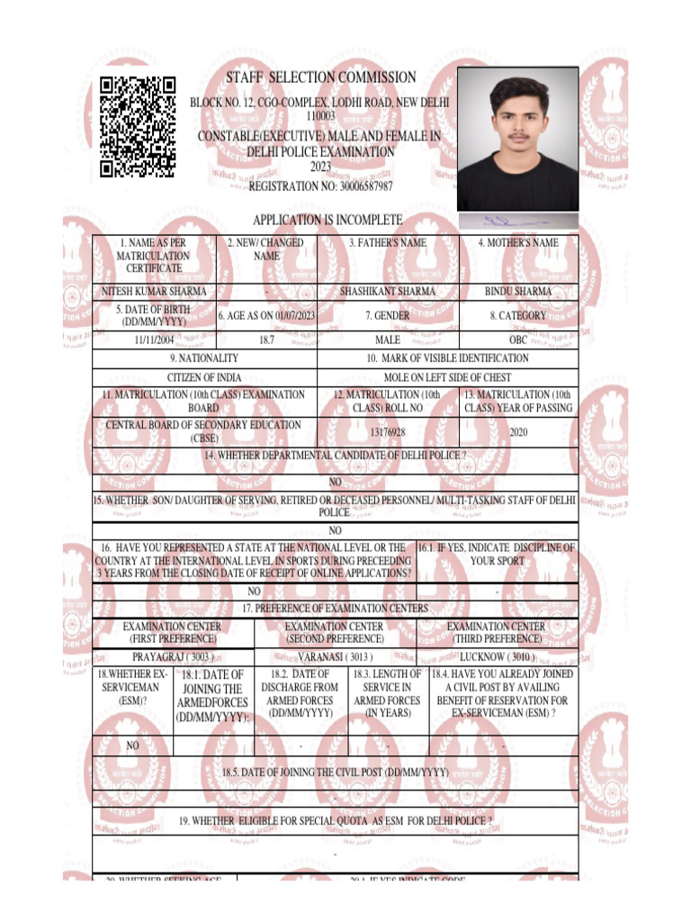 Incomplete Delhi Police Constable Application 2023 | PDF