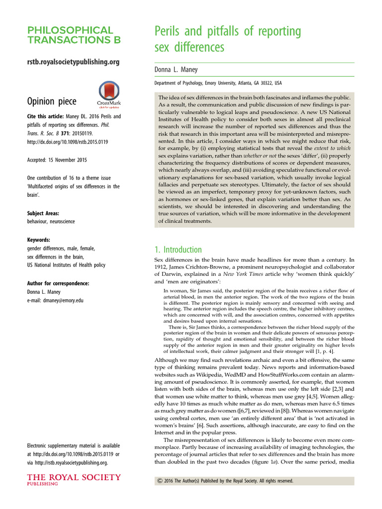 The Perils And Pitfalls Of Reporting Sex Differences Pdf Sexual Dimorphism Sex Differences 