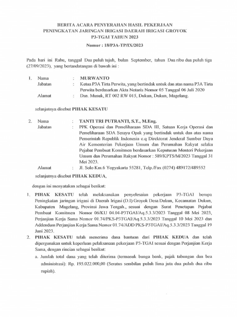 BAST P3A KE PPK - P3A Tirta Perwita - Dukun - Dukun - Magelang | PDF