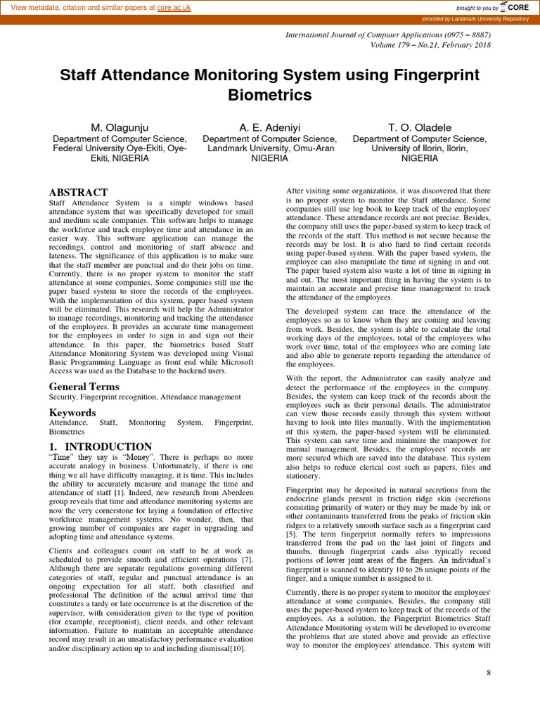 Staff Attendance Monitoring System Using Fingerprint Biometrics | PDF