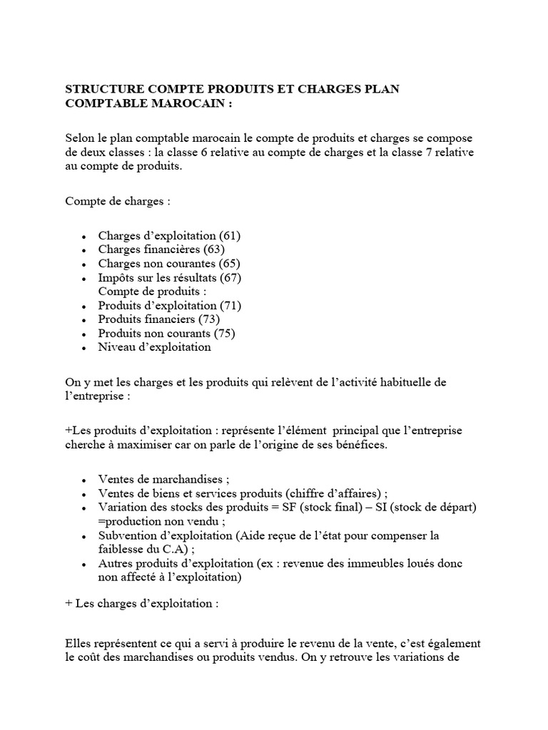 STRUCTURE COMPTE PRODUITS ET CHARGES PLAN COMPTABLE MAROCAIN | PDF | Comptabilité | Inventaire
