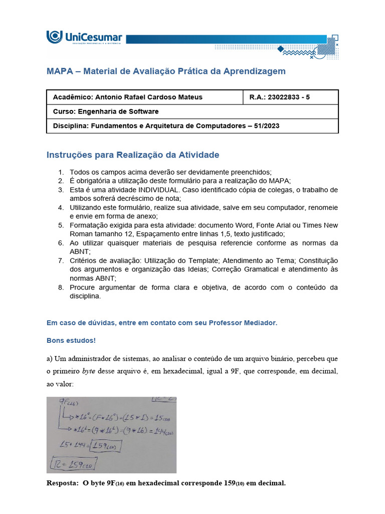 Atividade Mapa - Fundamentos e Arquitetura de Computadores - 51 - 2023 - Antonio Rafael Cardoso ...