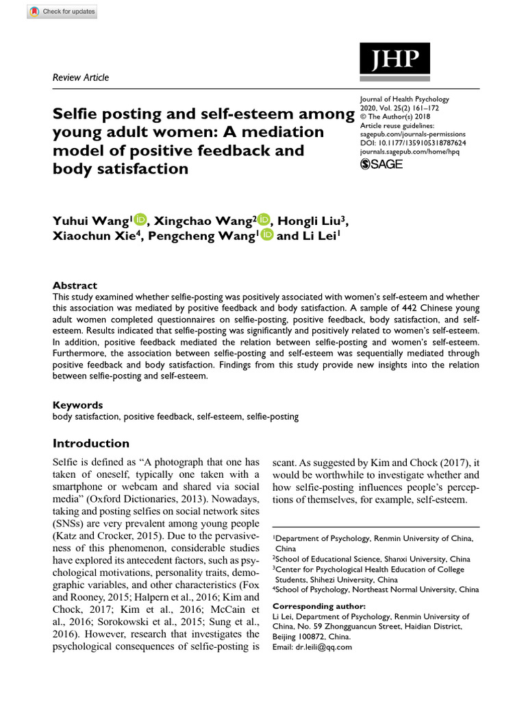 Selfie Posting and Self-Esteem Among Young Adult Women: A Mediation Model of Positive Feedback ...