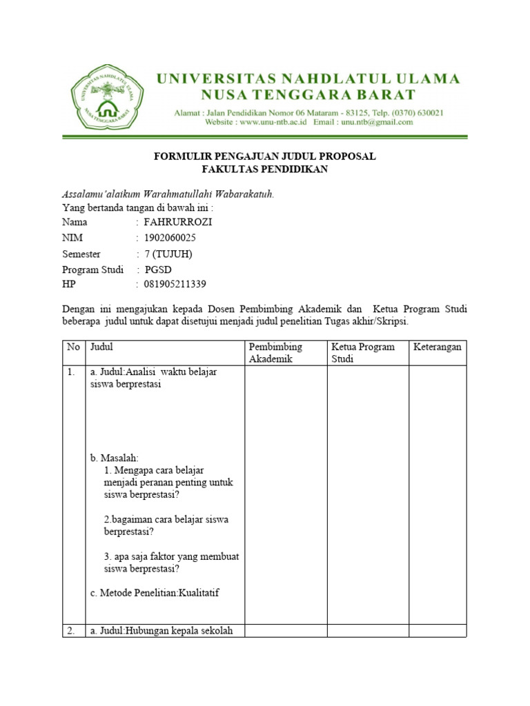 FORMULIR PENGAJUAN JUDUL PROPOSAL TA SKRIPSI (2) | PDF