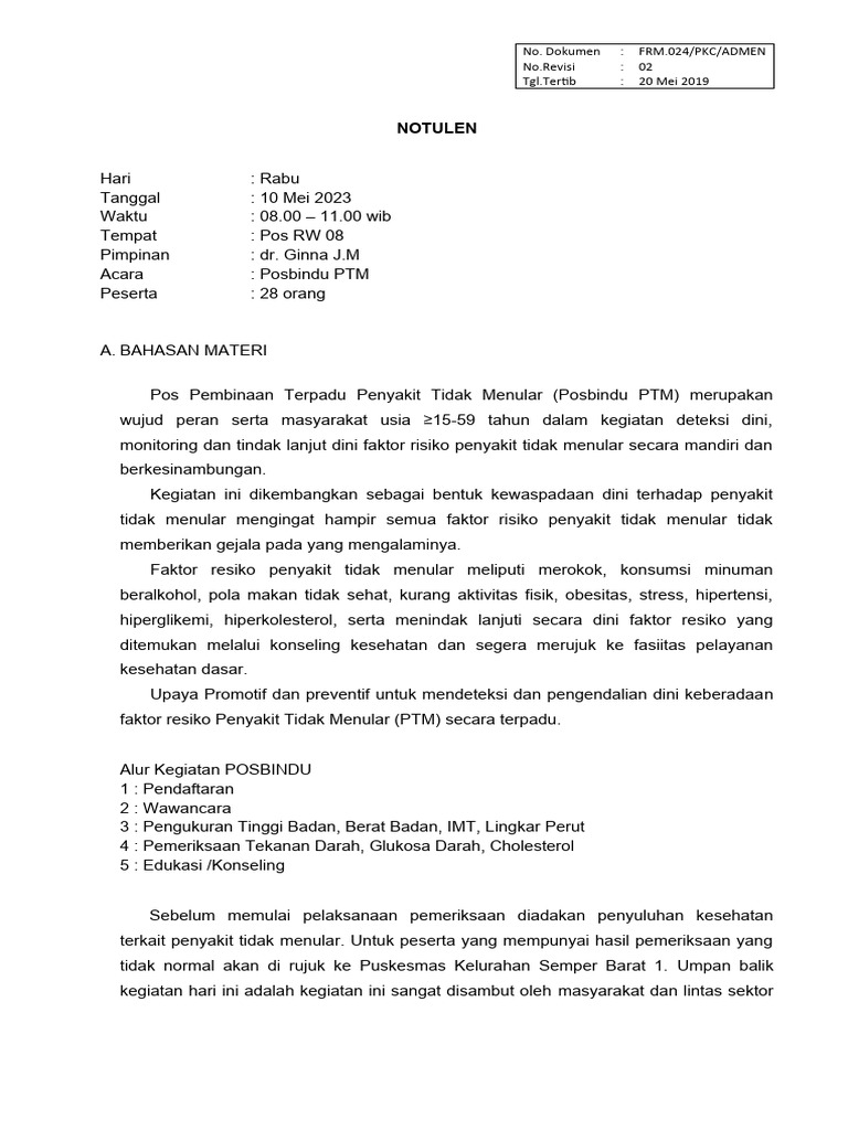 Notulen Posbindu PTM RW 08 | PDF