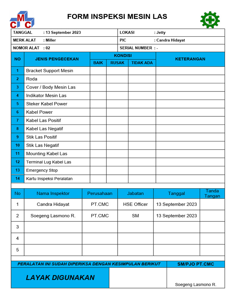 Form Inspeksi Mesin Las | PDF