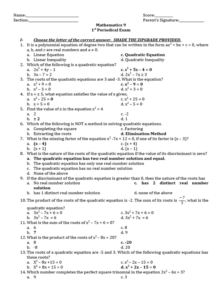 First-Quarter-Final-Math 9 2021 | PDF | Equations | Quadratic Equation