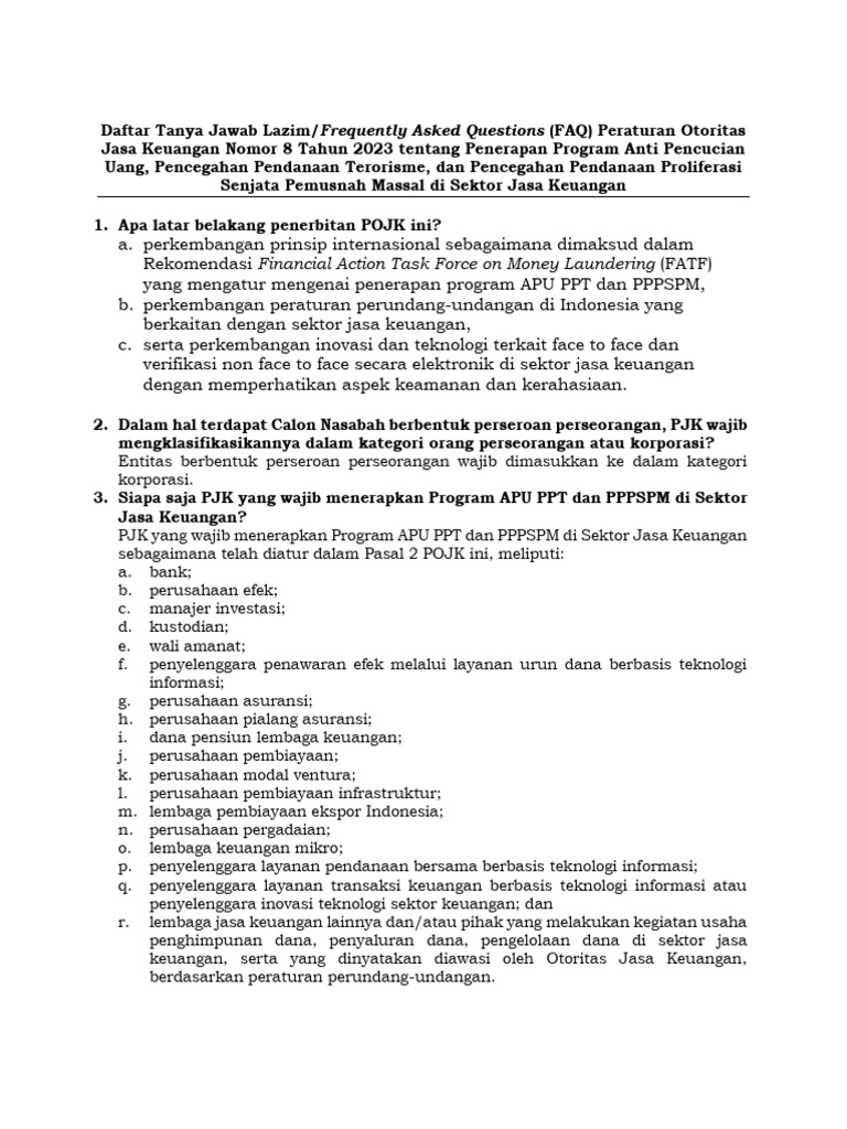 Faq Pojk 8 Tahun 2023 - Penerapan Program Apu PPT Dan PPSPM Di SJK | PDF