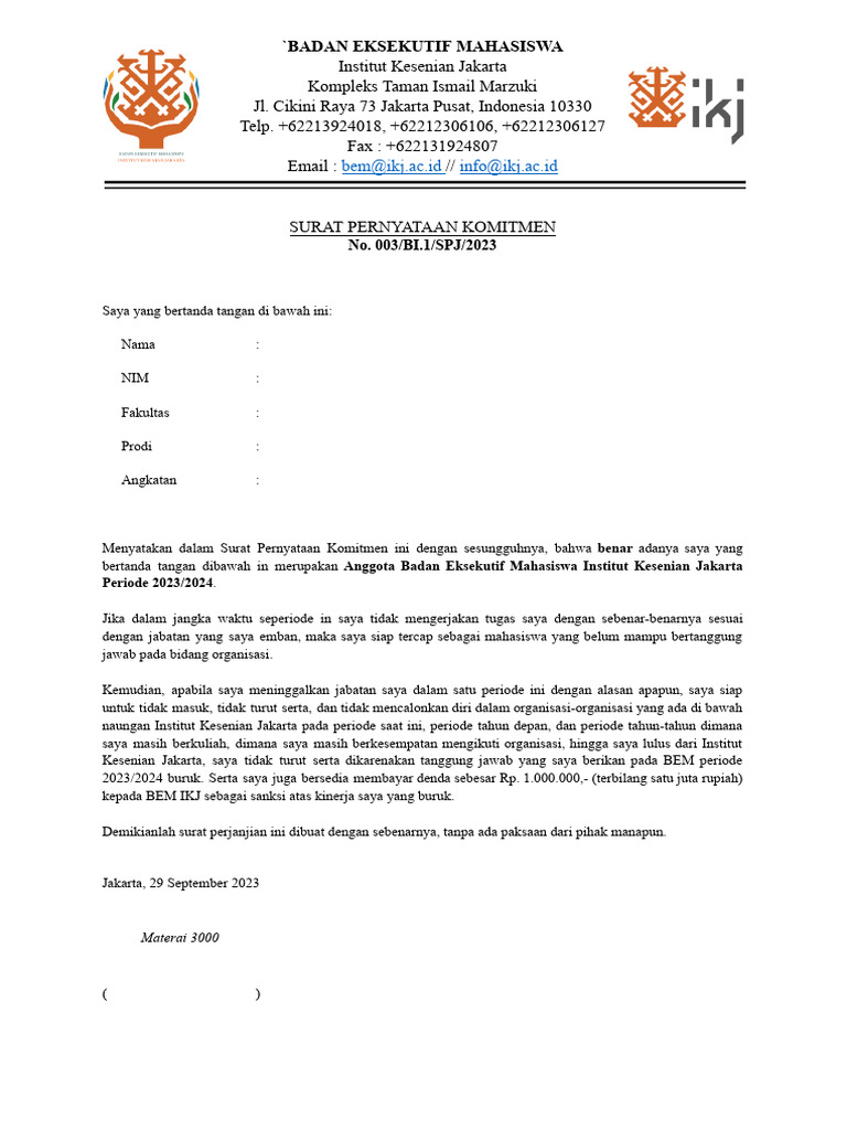 Surat Pernyataan Komitmen BEM | PDF