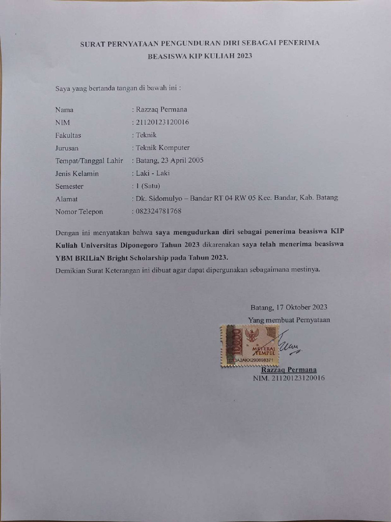 Surat Pengunduran Diri Sebagai Penerima Beasiswa Kipk (Razzaq Permana) | PDF
