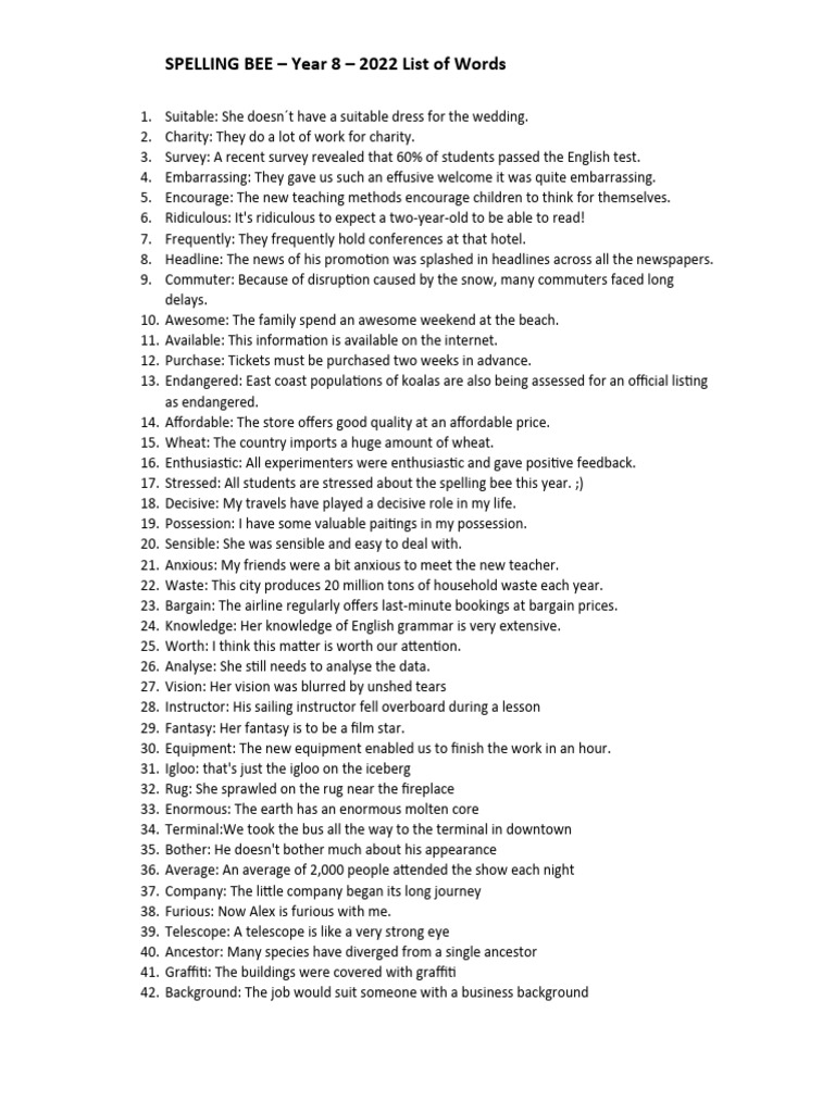 Year 8 Spelling Bee Word List 2022 | PDF