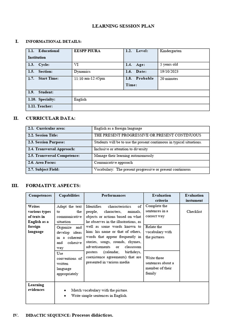 Learning Lesson Plan - 5 Años | PDF | English Language | Cognition