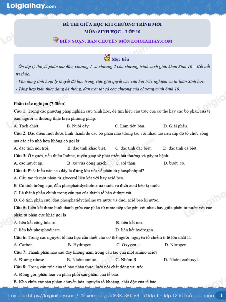 De Thi Giua Ki 1 Sinh 10 Ket Noi Tri Thuc de So 2 1672132263 | PDF