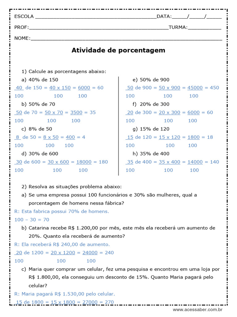 Atividade de Matematica Porcentagem 4 Ou 5 Ano Resposta | PDF ...