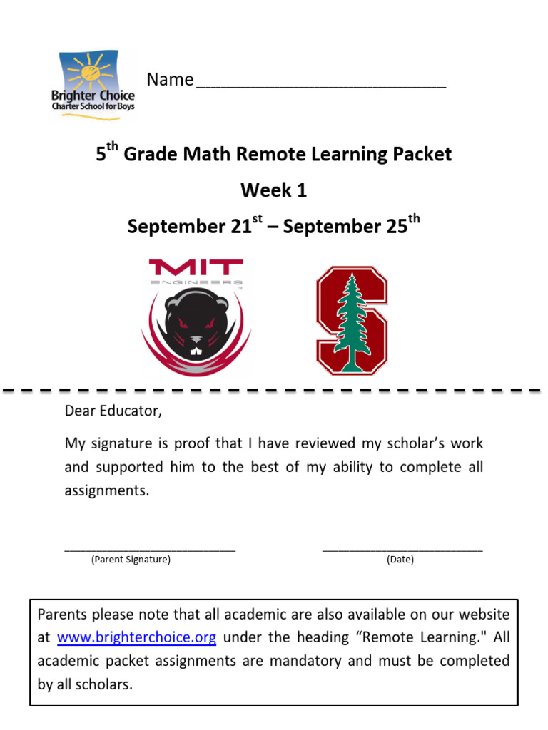 5th Grade Math Remote Learning Packet 9-21-2020 To 10-2-2020 Week 1 and ...