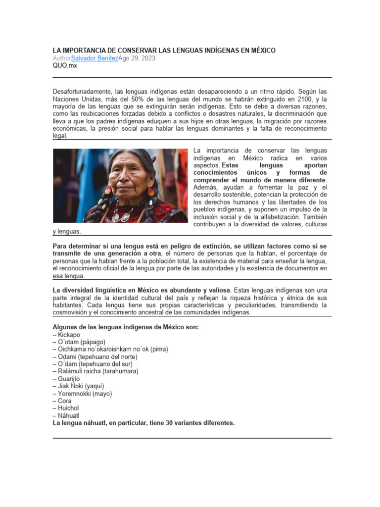 TEXTO PARA ORDENAR La Importancia de Conservar Las Lenguas Indigenas en ...