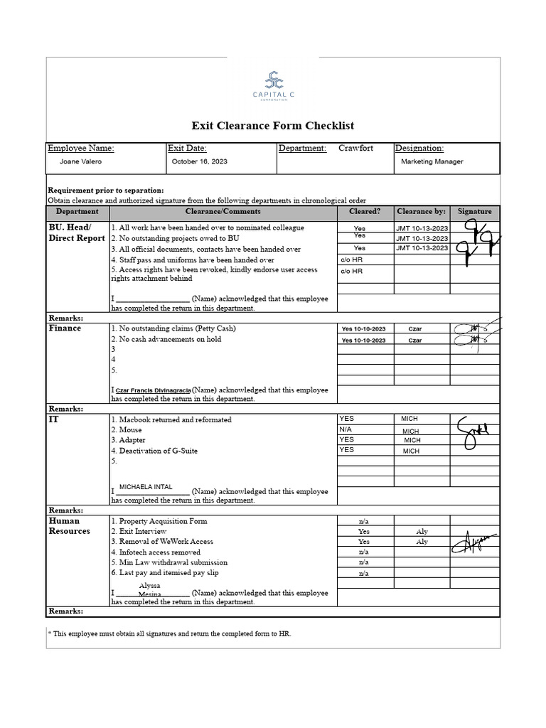 Exit Clearance Form Checklist Guide | PDF