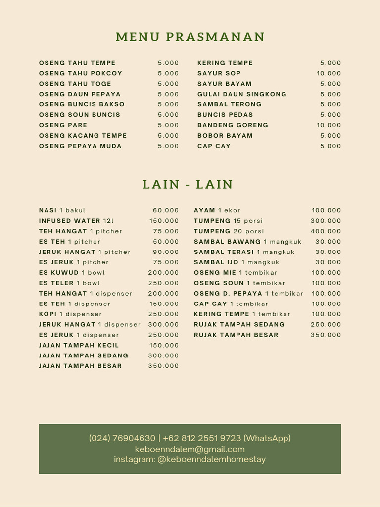 Menu Keboen Ndalem 2023 (Agustus 2023) | PDF