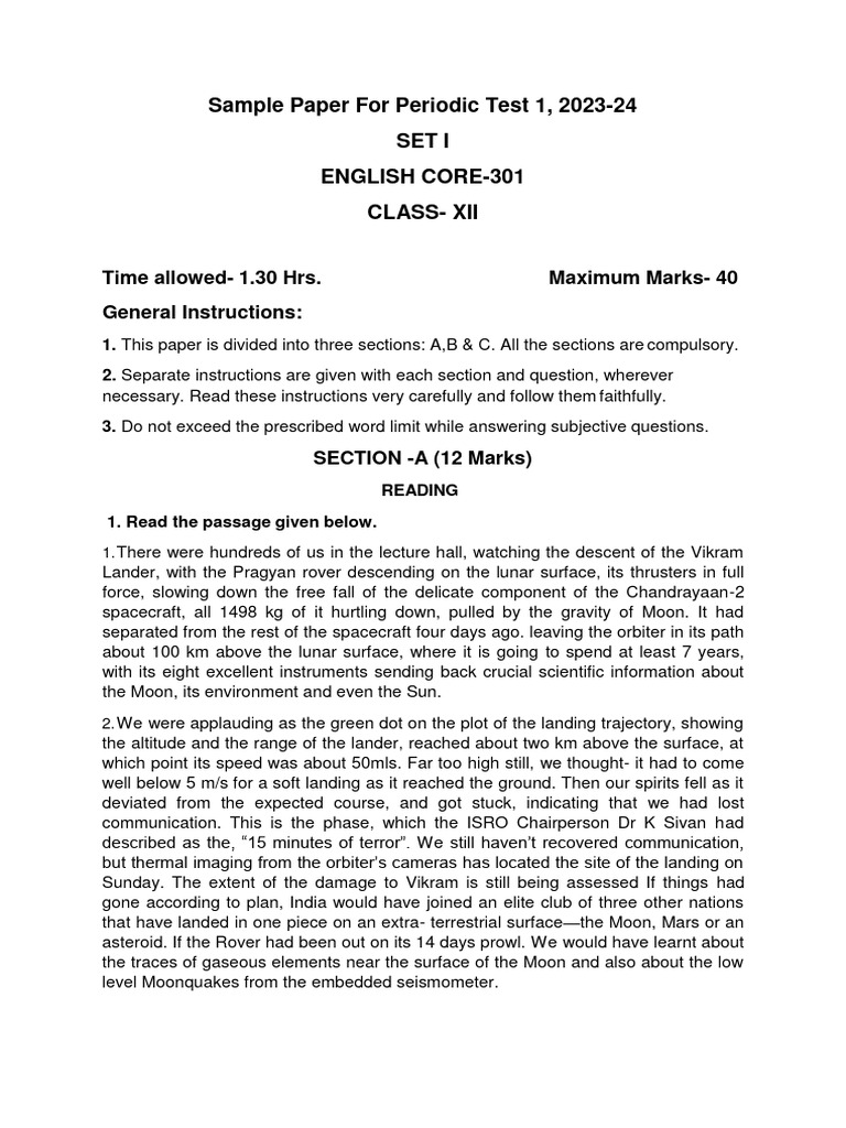 PT-1 Eng Core (Set-A) 2023-24 | PDF | Moon | Outer Space