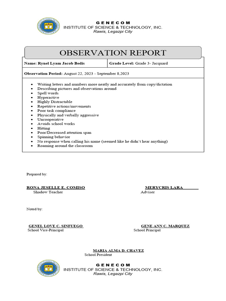 Observation Report Grade 3 | PDF