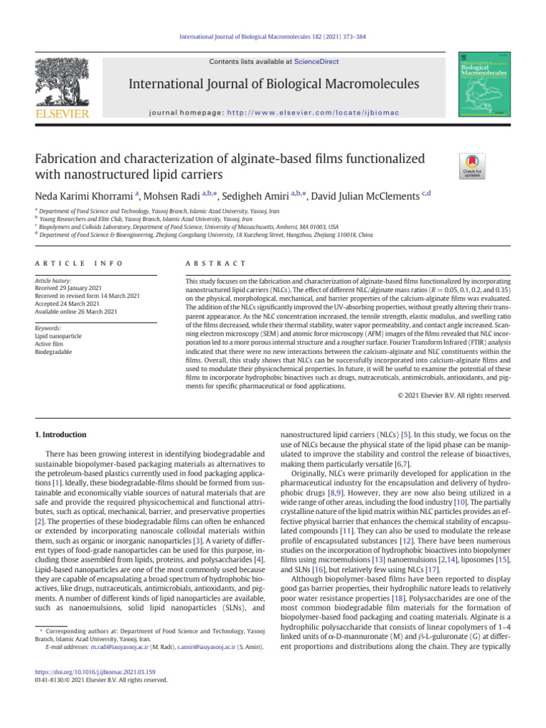 Fabrication and Characterization of Alginate-Based Films Functionalized ... Fabrication and Characterization of Alginate-Based Films Functionalized ...