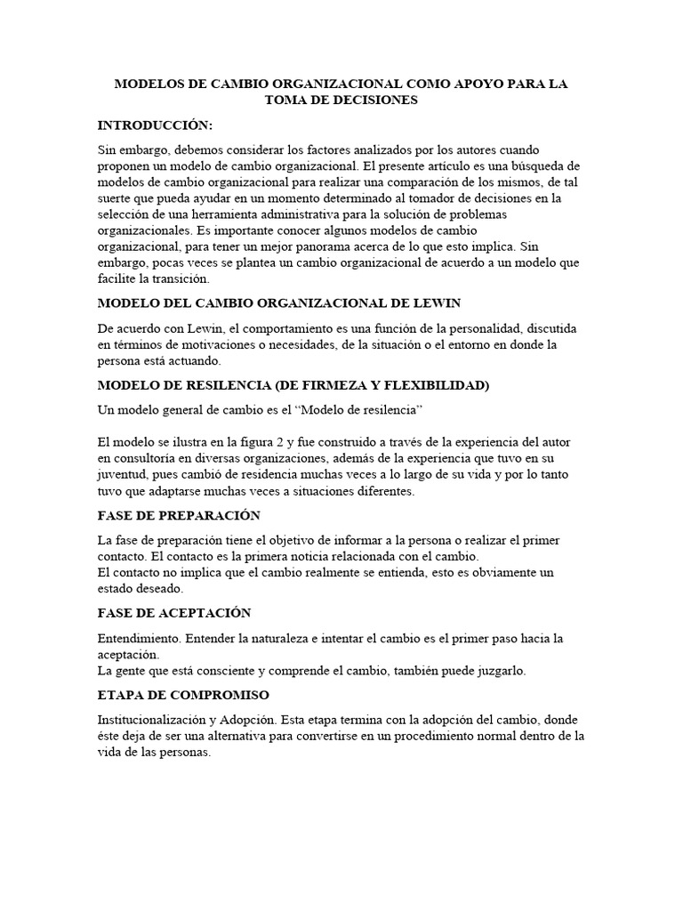 Modelos de Cambio Organizacional Como Apoyo para La Toma de Decisiones ...