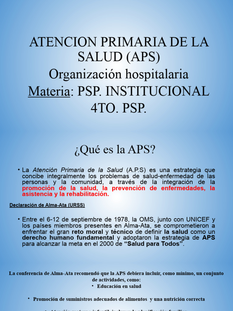 Atencion Primaria de La Salud (Aps) Organización Hospitalaria Materia: Psp. Institucional 4TO ...