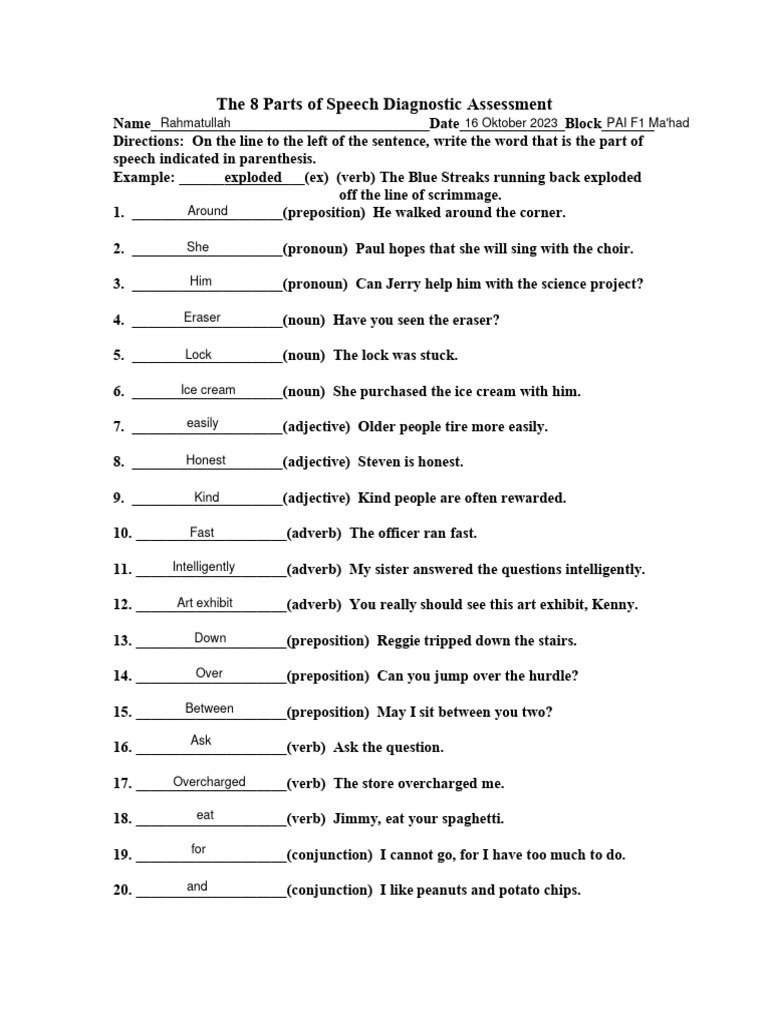 8 Parts of Speech Assessment Tool | PDF | Adverb | Part Of Speech