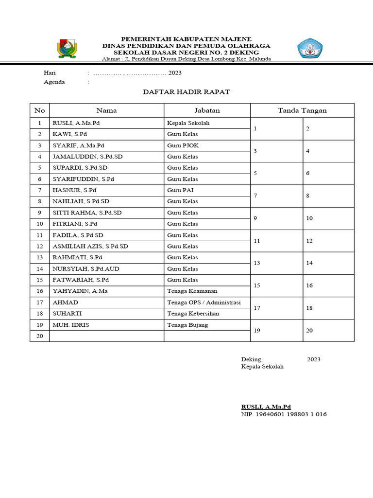 Daftar Hadir Rapat Guru | PDF