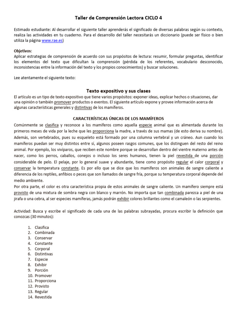 Taller De Comprensión Lectora Ciclo 4 Pdf