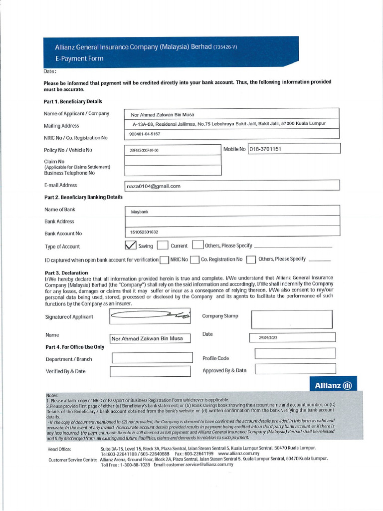 E-Payment Form Allianz V1 | PDF